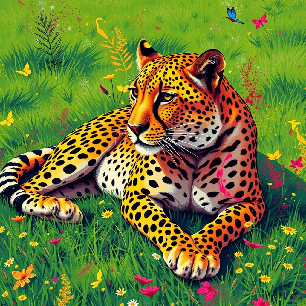Cheetah lying in a grass - Vibrant Cheetah in Dynamic Graffi...