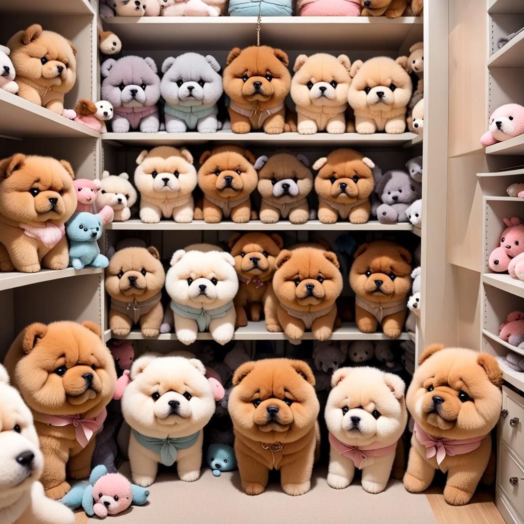 Closet full of plushy kawaii chibi chow-chow puppies - AI Generated ...