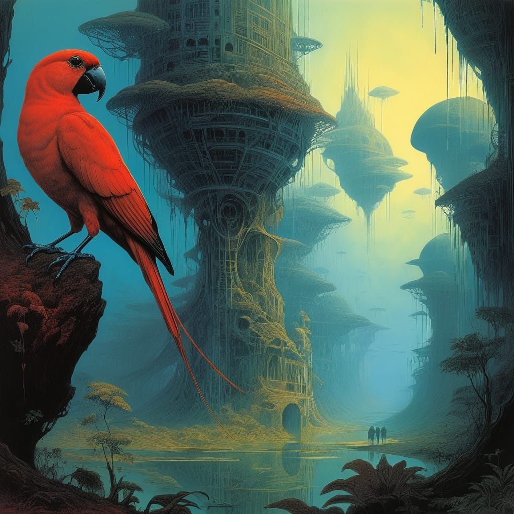 Extraterrestrial Scarlet Aviari: Iridescent Xeno-B... - AI Art