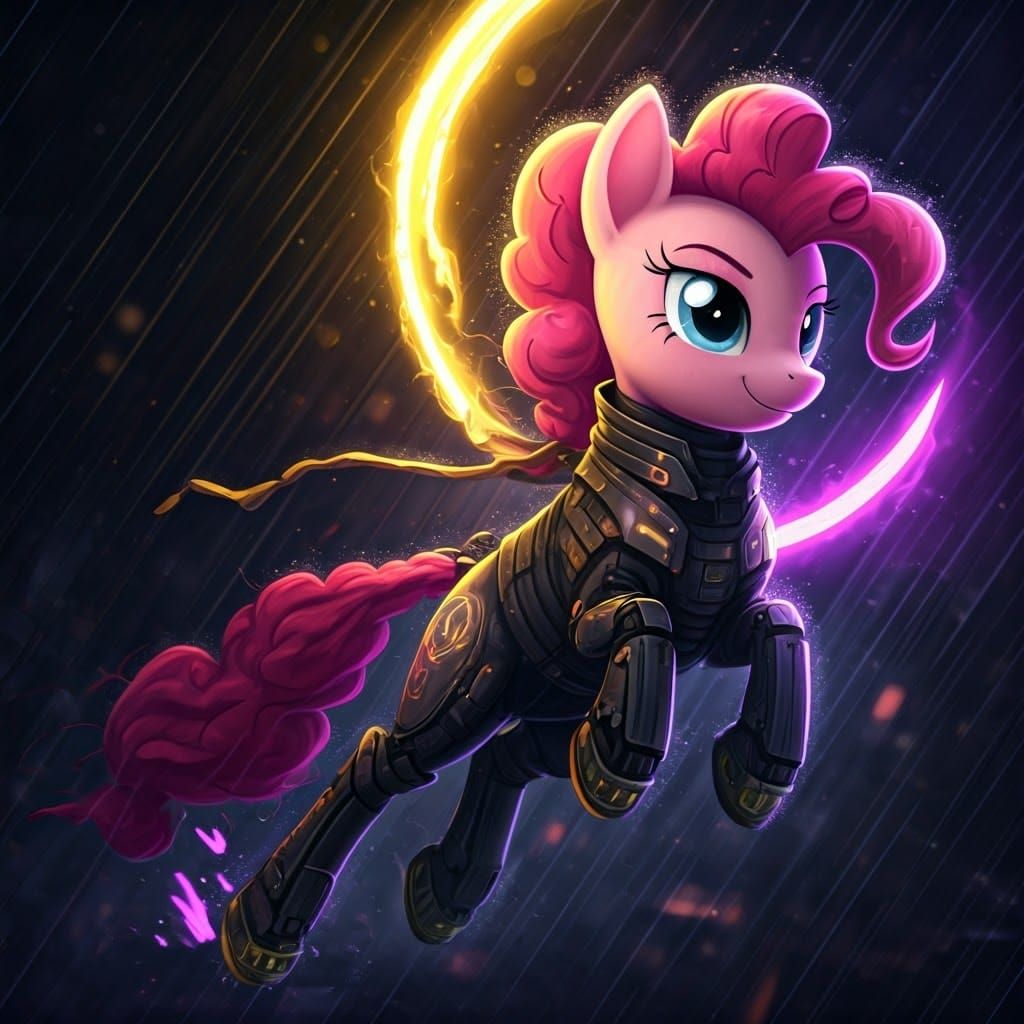 Cyberpunk Ninja Pinkie Pie in Whimsical Cityscape - AI Art