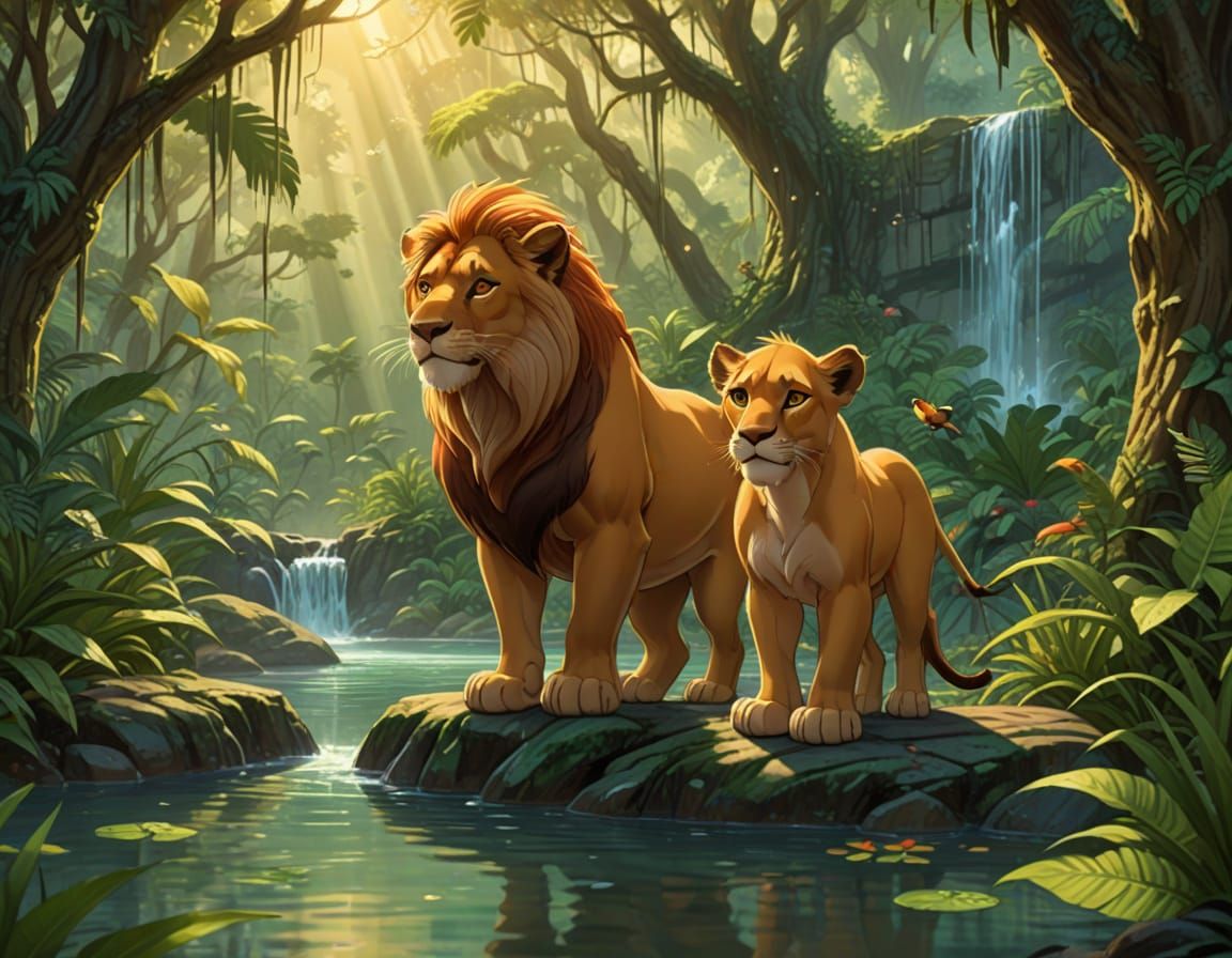 Nala and Simba stand side-by-side at a watering hole in a scene from ...