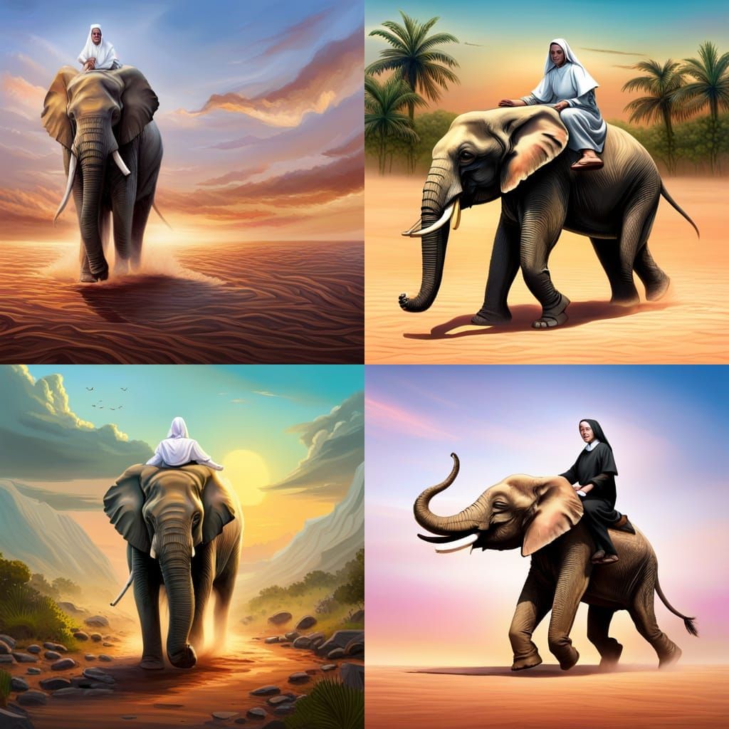 A nun riding a fast elephant in Africa. Hyperrealistic, splash art ...