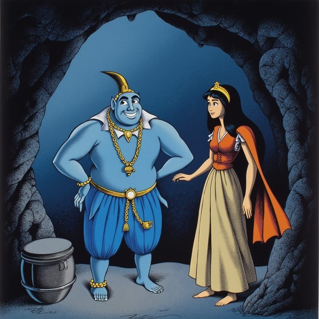 image of Aladdin and the genie, in the cave.