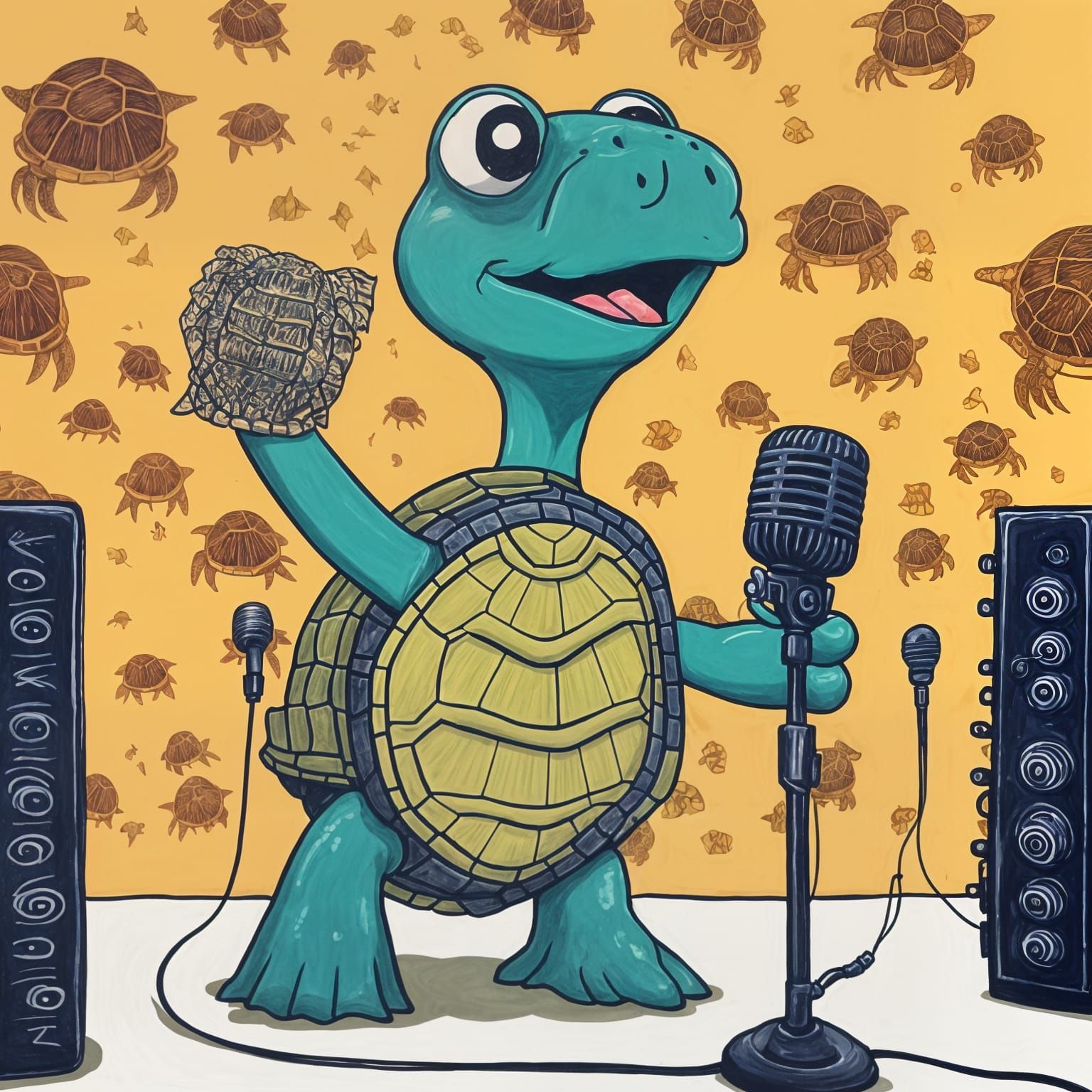 A singing turtle with a choir of cuttlefish surrounding it