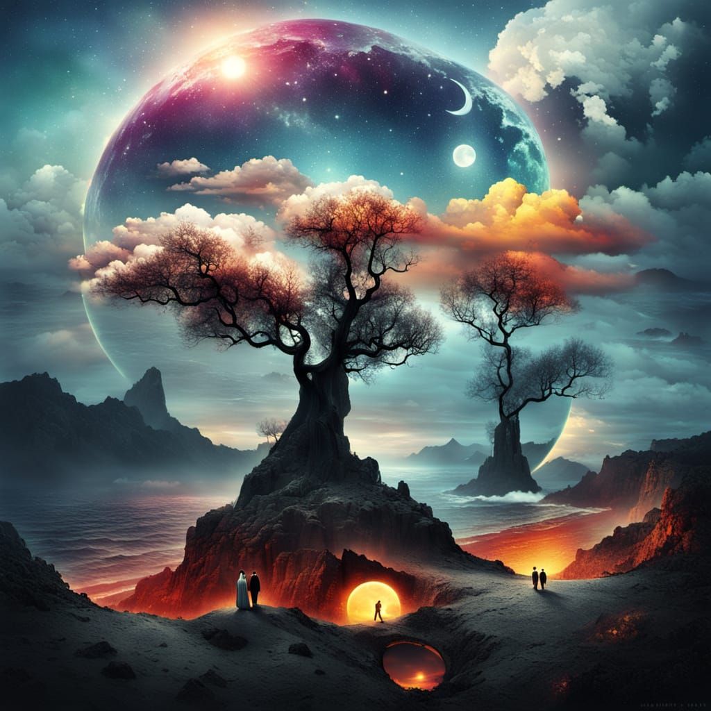 surreal sun moon Dimensional Beach - Surreal Sunset on a Vib...