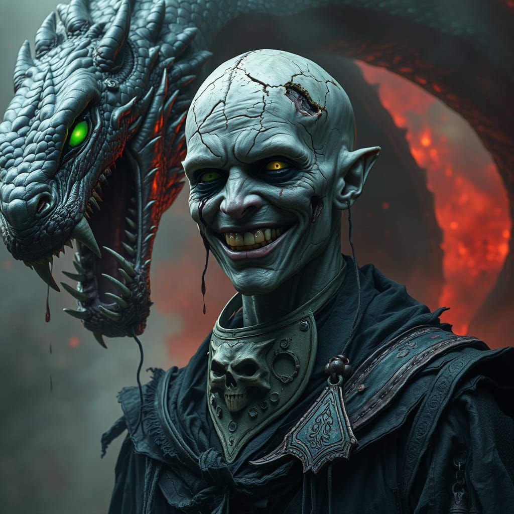 Dark portrait of a cursed treacherous being. His human face shows a ...