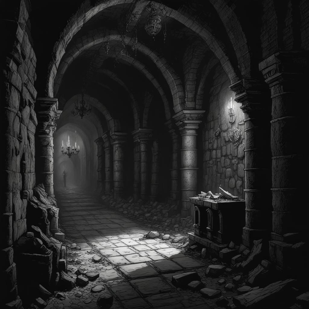Dark, dungeon, corridor, stone block walls, torch light, debris, dirt ...