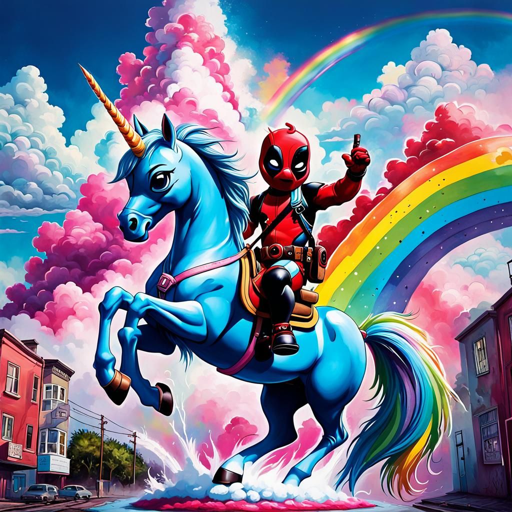 Deadpool riding a Unicorn - AI Generated Artwork - NightCafe Creator