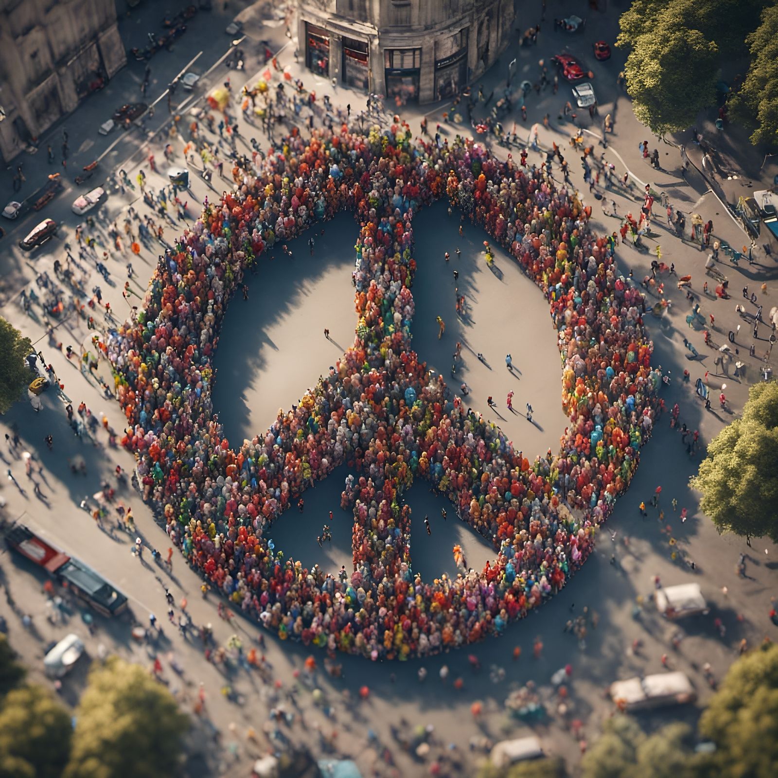 Colorful Flash mob crowd peace sign, tilt shift photo aerial ...