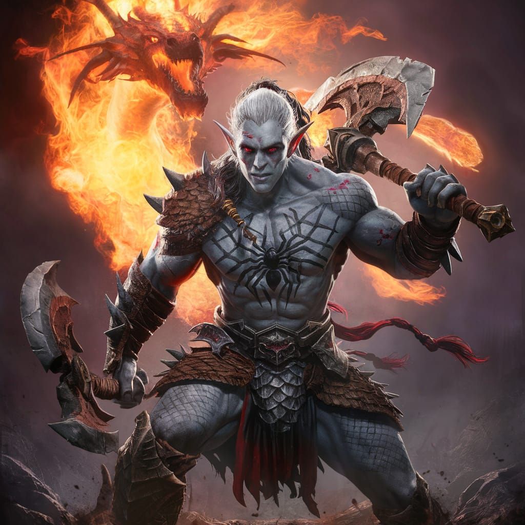 A male drow elf, gray skin, white hair, red eyes, very muscular ...