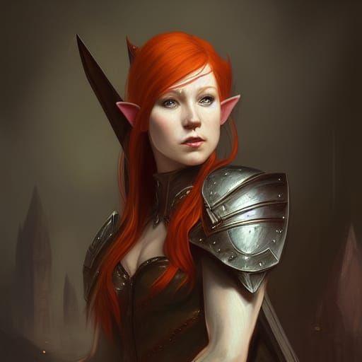 female redhead elf portrait wearing banded mail and a shield - AI ...