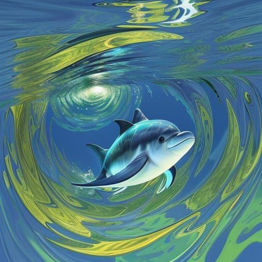 Cubist Dolphin Emerge from Nymph Petal in Vast Pon... - AI Art