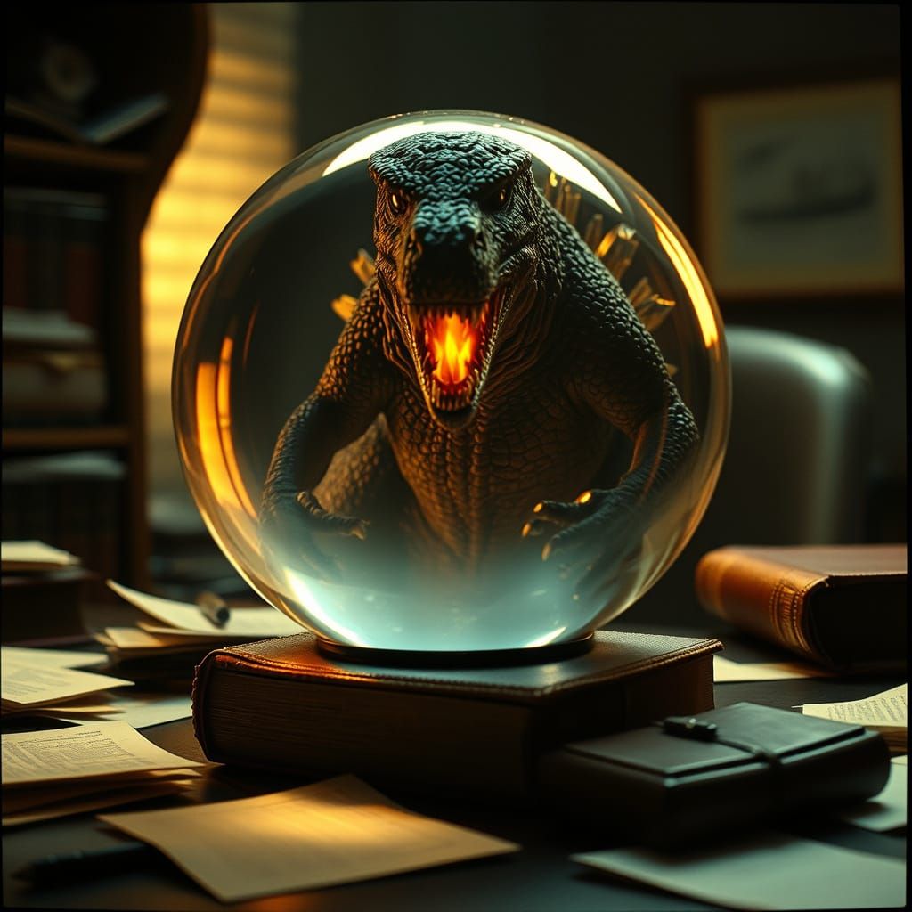 Godzilla in Crystal Ball, Desk Scene - AI Art