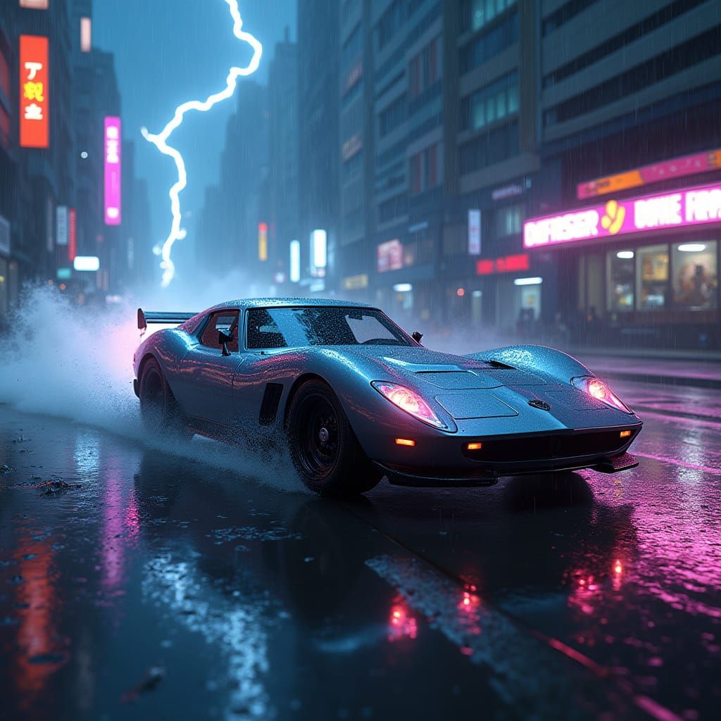 Neon-Lit Cyberpunk Car Speeds Through Rainy Dystop... - AI Art