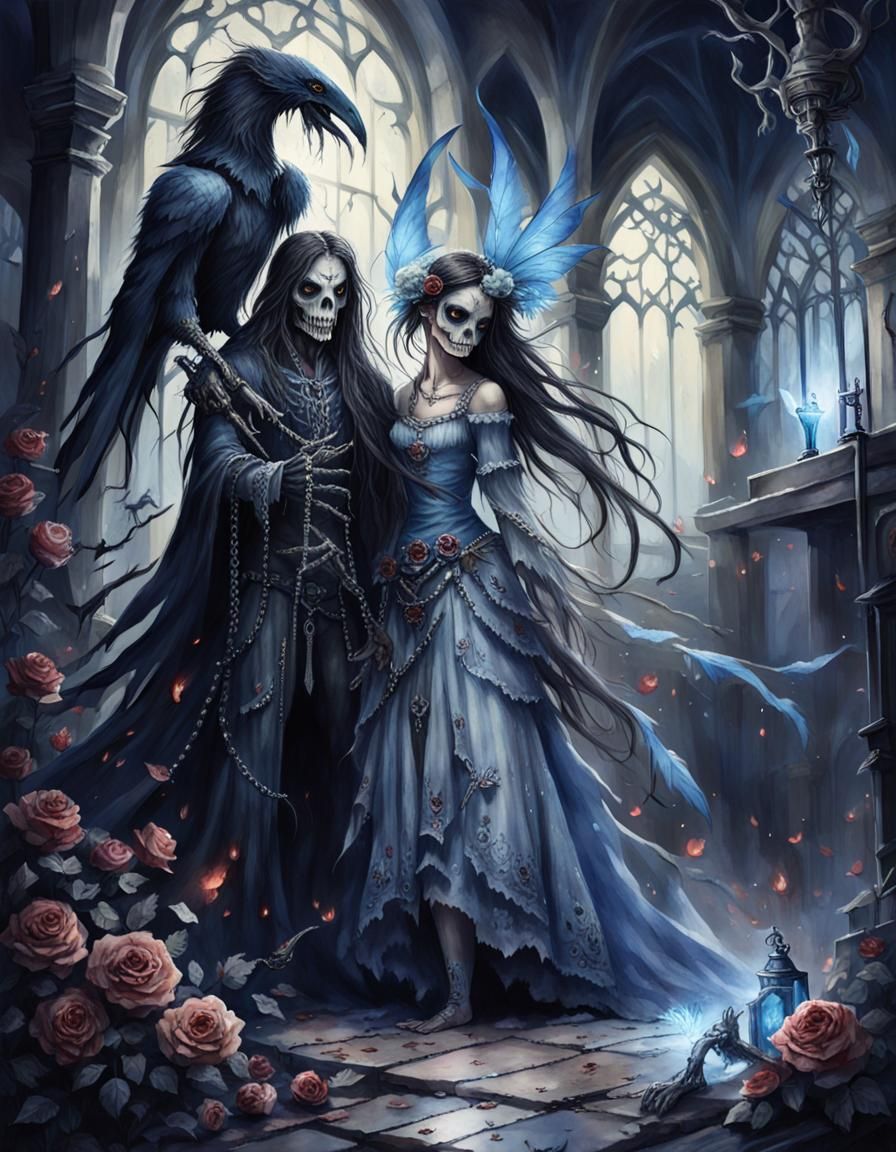 dark fantasy wattercolor painting of a magical undead demon fairy ...