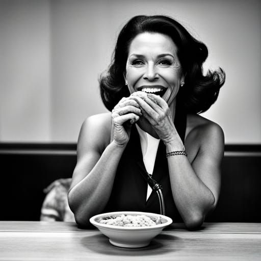 Mary Tyler Moore laughing eating salad - AI Generated Artwork ...