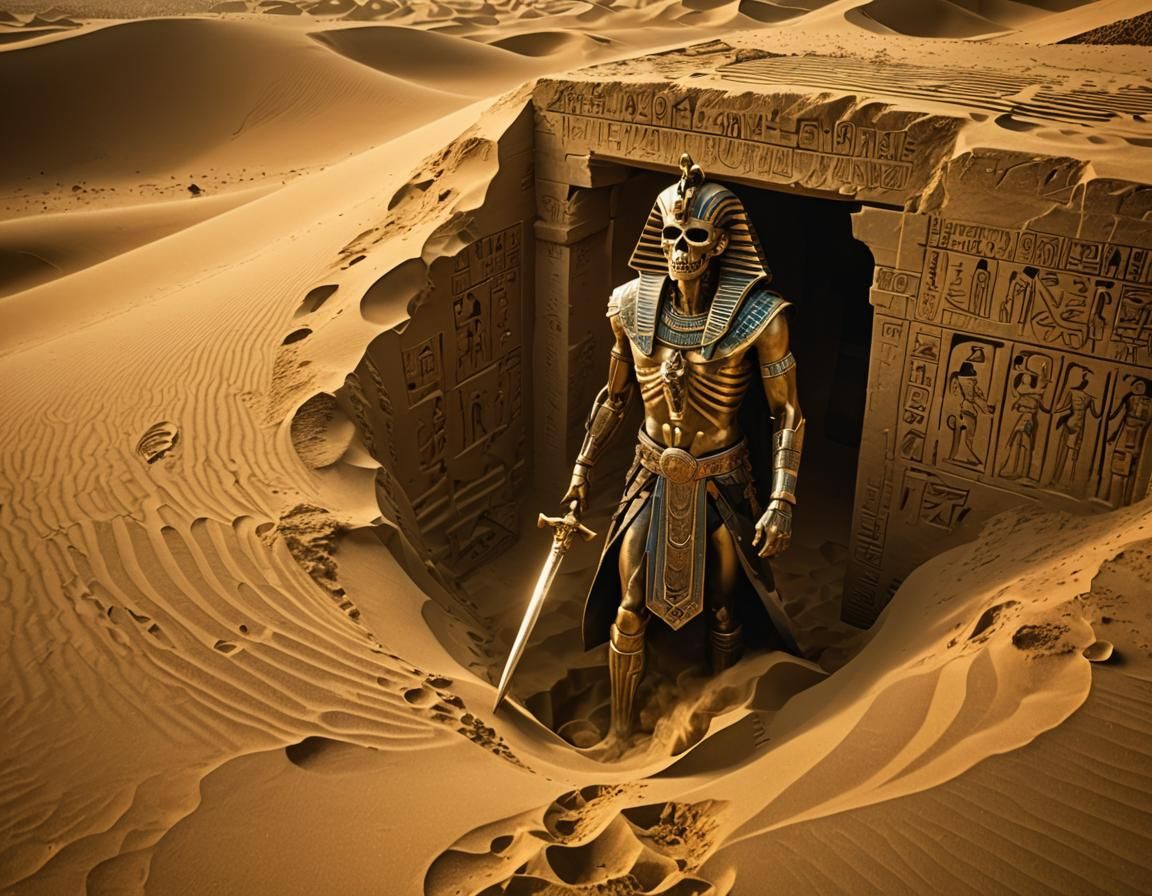 Through a swirling vortex of sand, a pharaoh's tomb reveals a skeletal ...