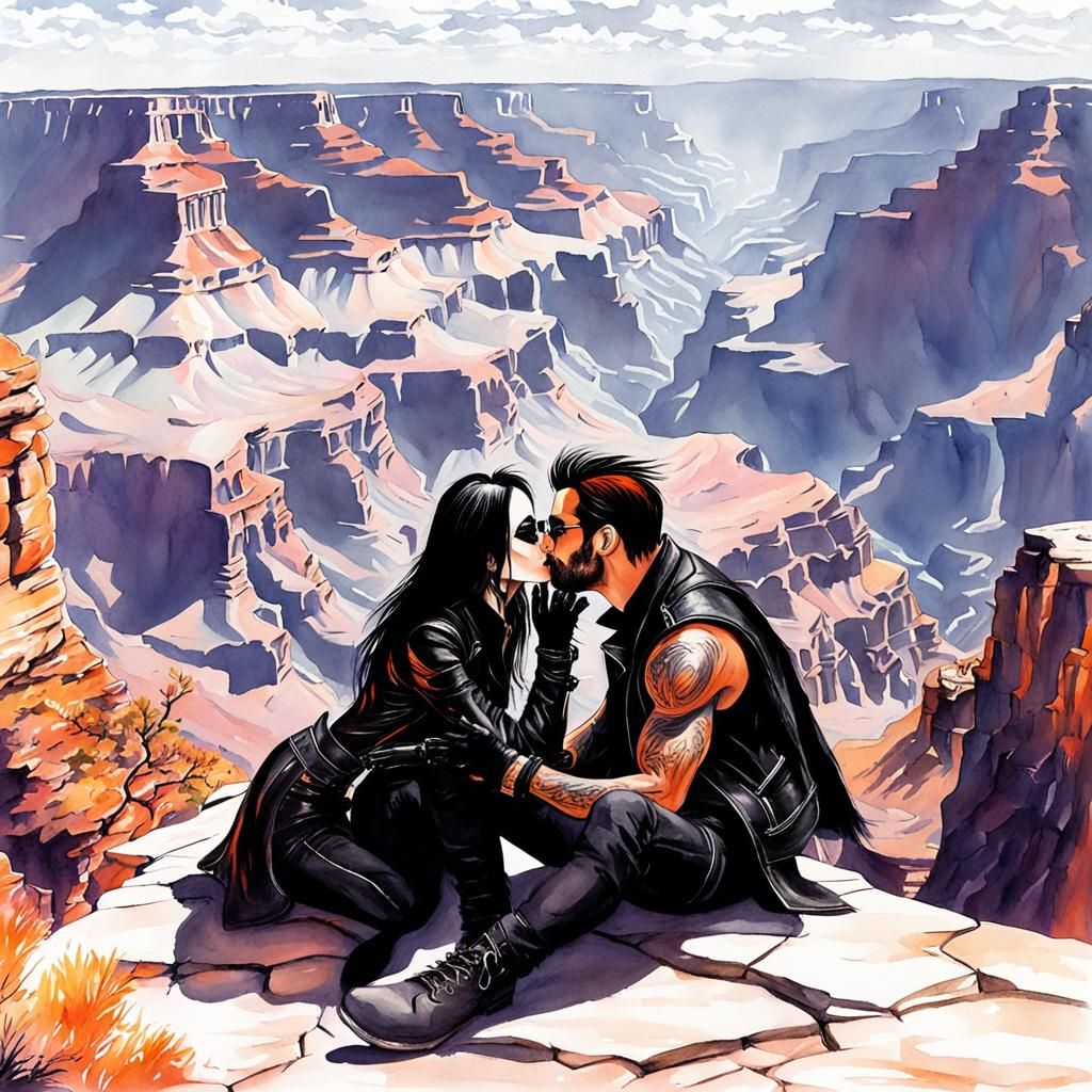 Goth couple sitting on a cliff and kissing at grand canyon - AI ...