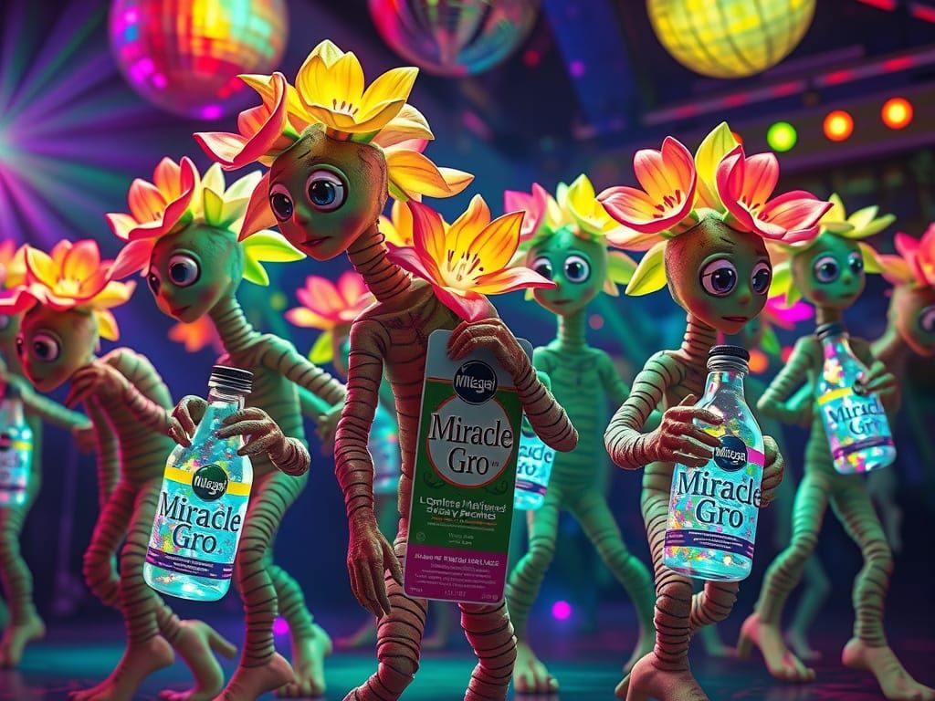A group of dancing plants at a disco club.
