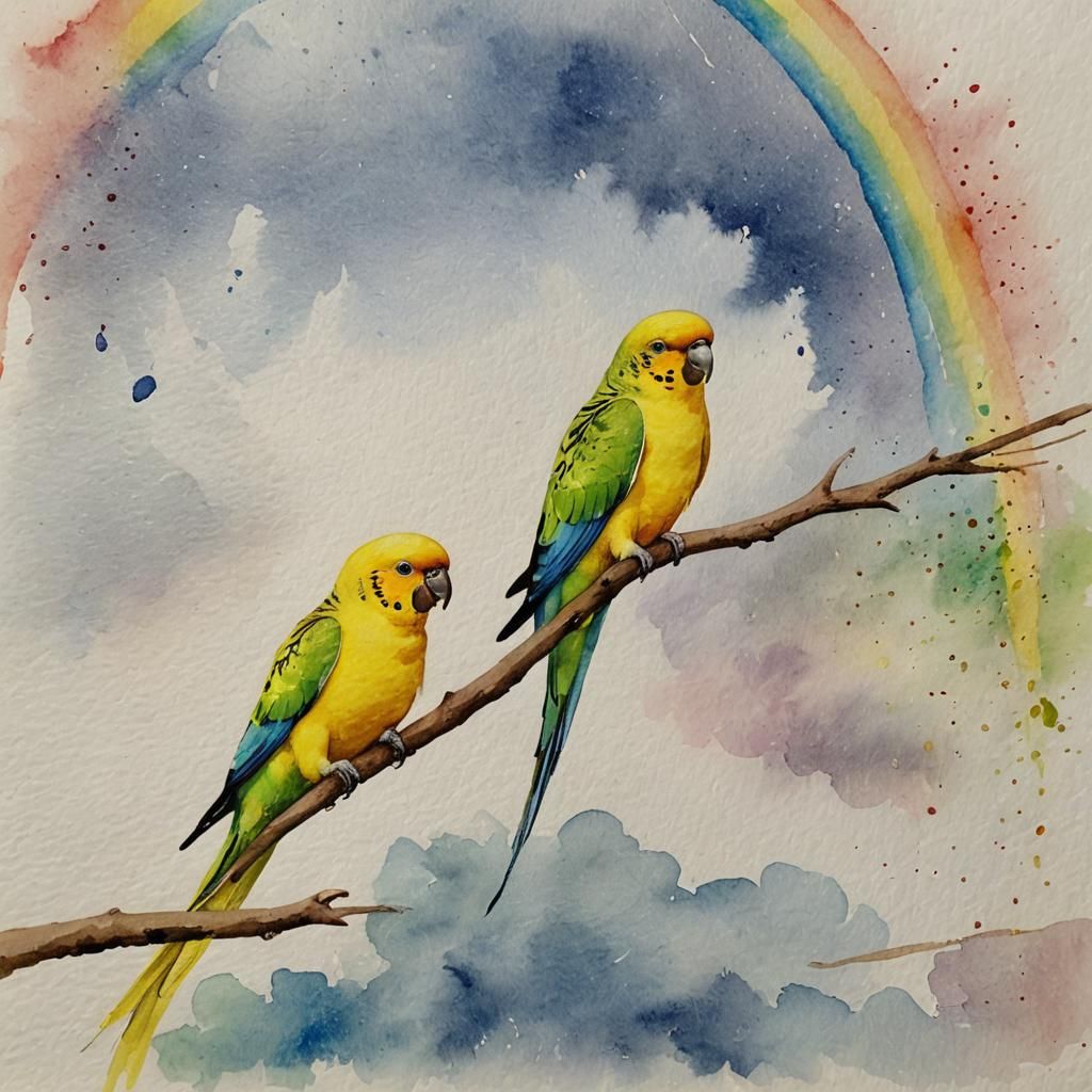 Watercolor of 1 yellow parakeet and a rainbow - AI Generated Artwork ...
