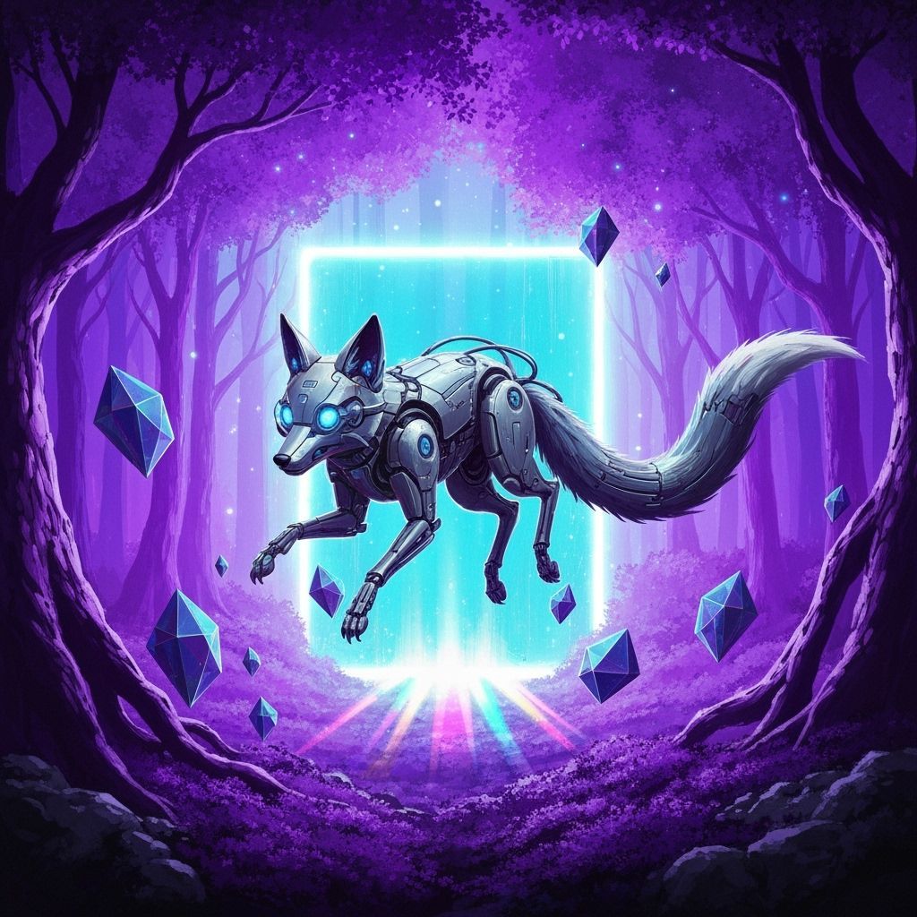 Cybernetic Fox Leaps Through Bioluminescent Forest - AI Art