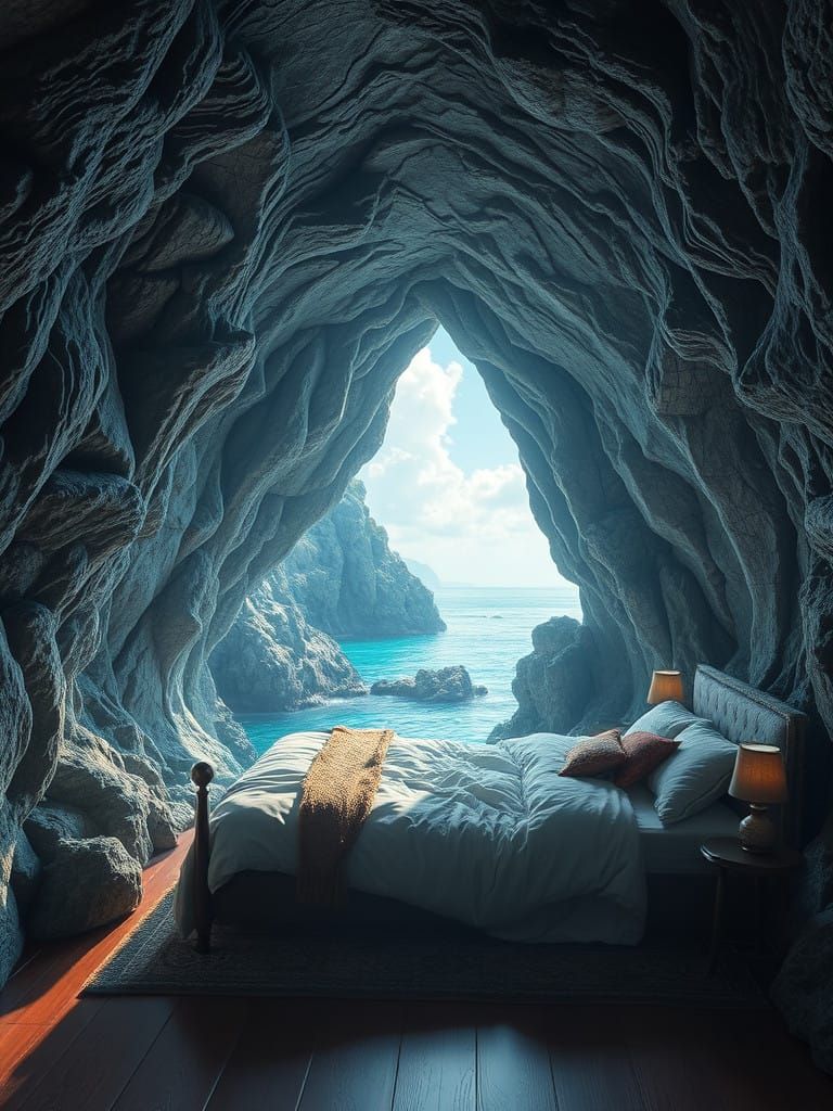Fantasy bedroom in a fabulous sea grotto, with a stunning view from the ...