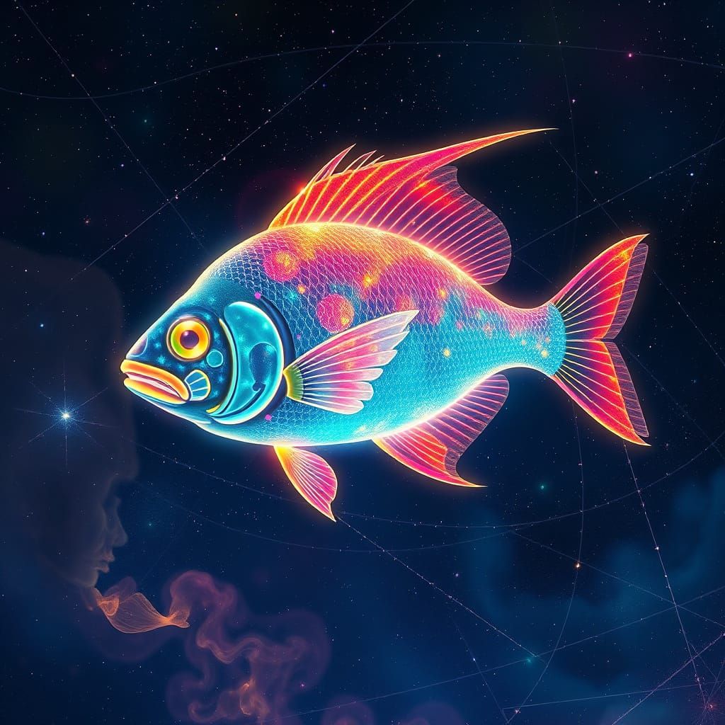 glowing fish - Surreal Cosmic Fish in Vibrant Holographic St...