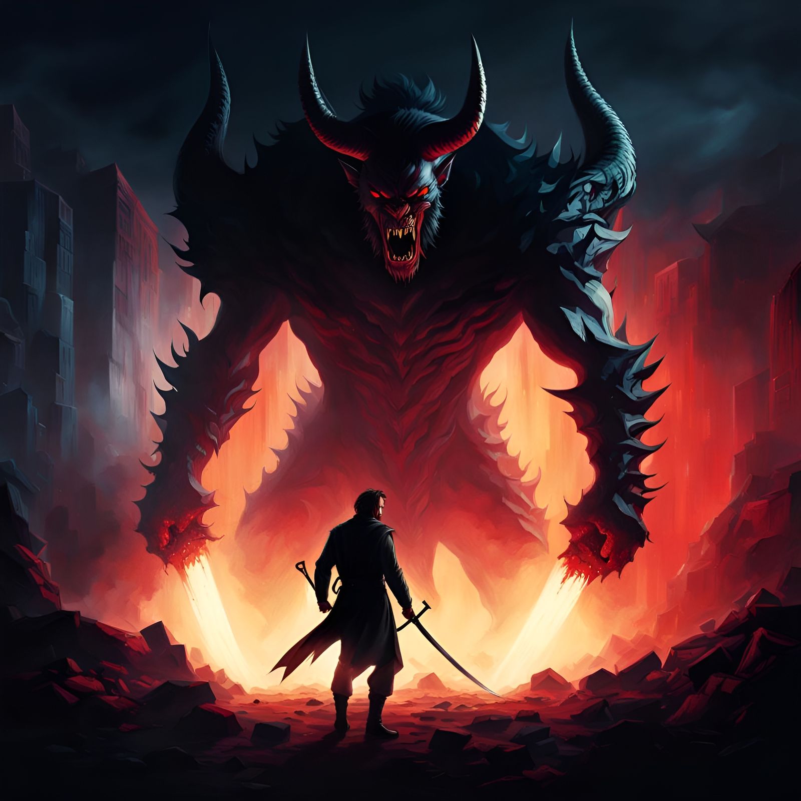 intense scene depicting a determined man confronting a menacing demon ...