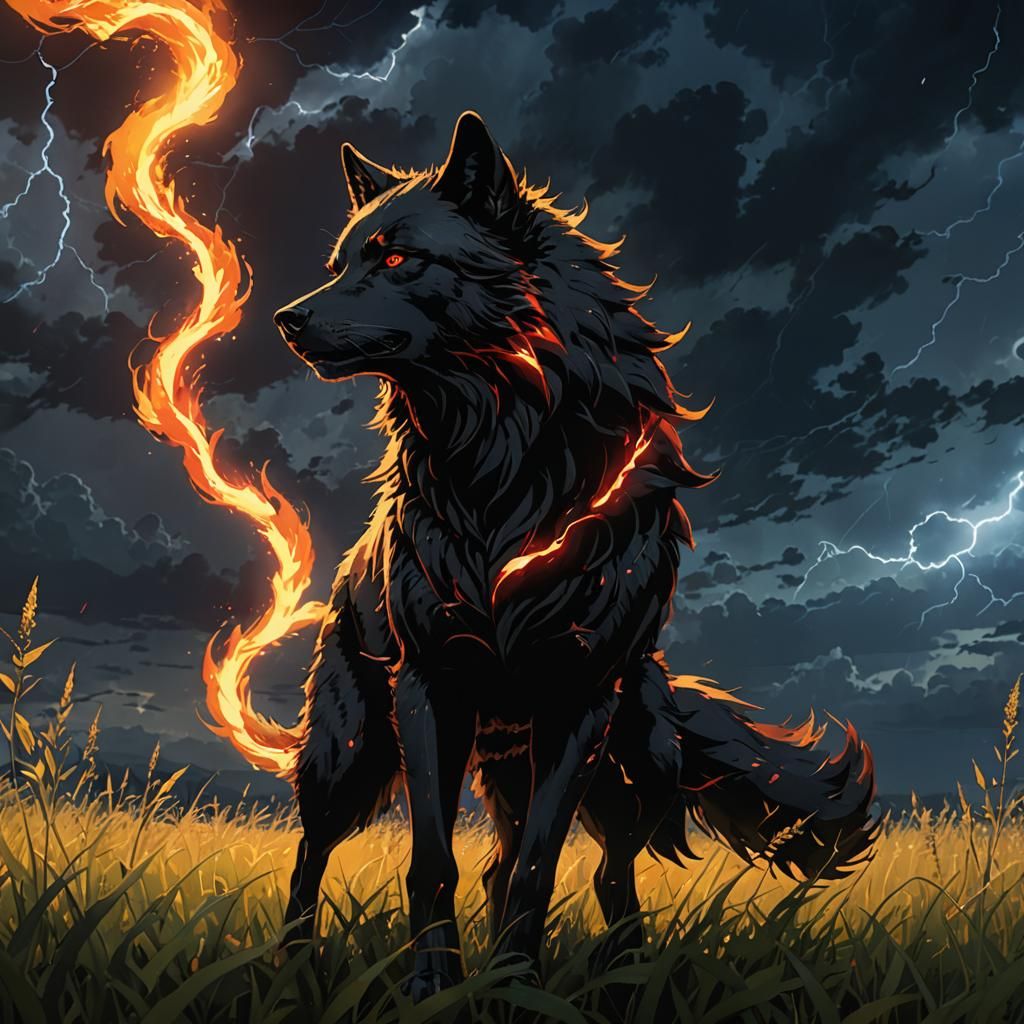 Glowing Fire Wolf in Stormy Field: Anime Style - AI Art