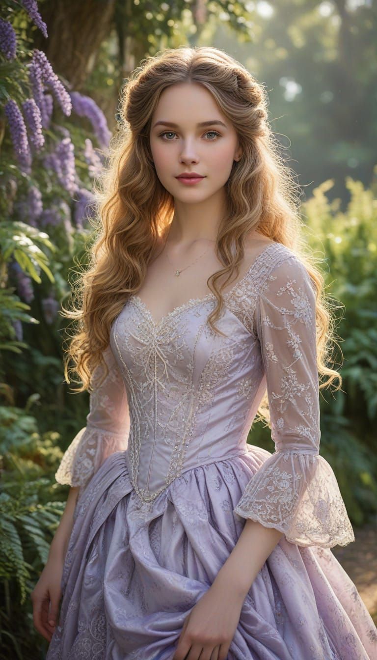 Beauty in her garden. - Gentle Maiden in Lavender Gown Amids...