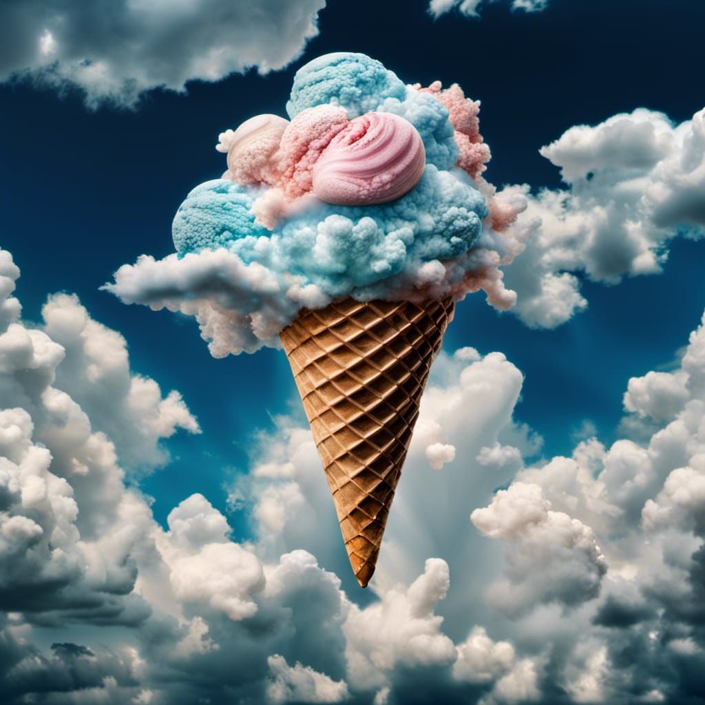 Icecream cone clouds fly over a deep sea blue sky - AI Generated ...