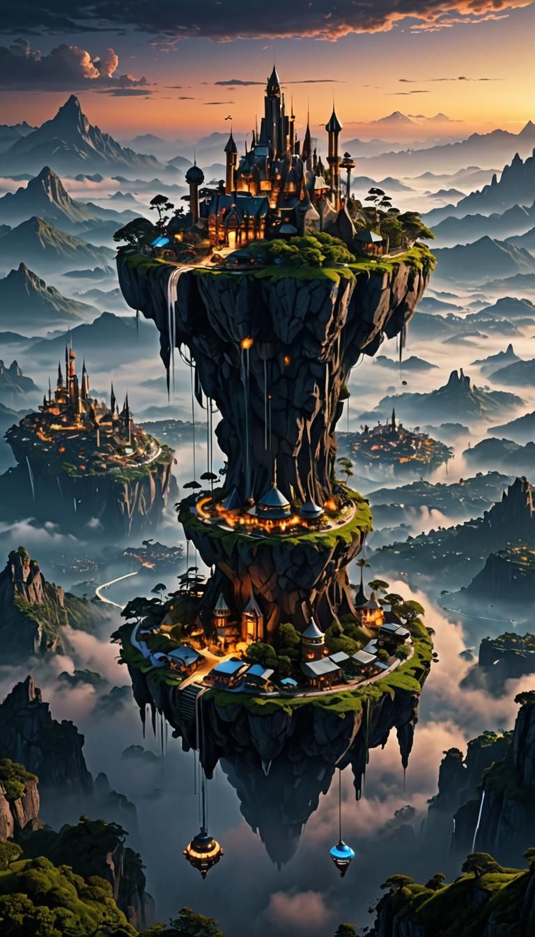 Floating island, island floats in the air, sky islands, tall futuristic ...