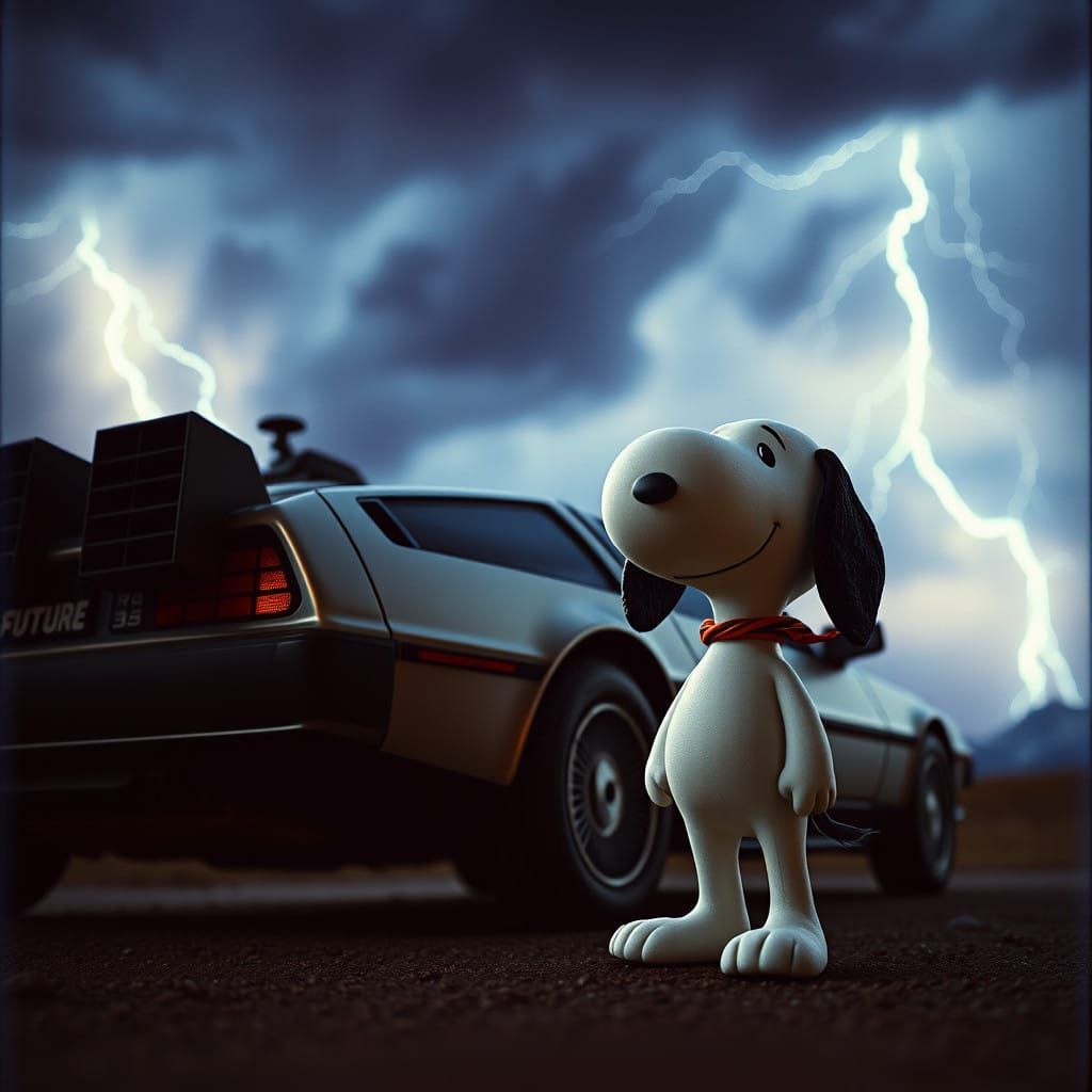 Snoopy and the Time Traveling DeLorean in a Stormy... - AI Art