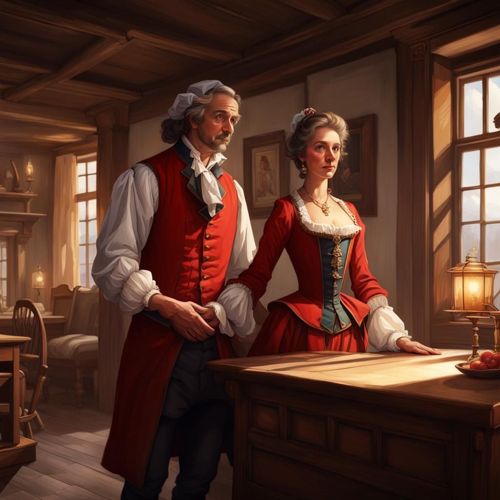 A colonial woman tavern - innkeeper showing one man renter with a red ...