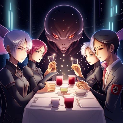 Grey aliens having a party by artist "anime", Anime Key Visual ...