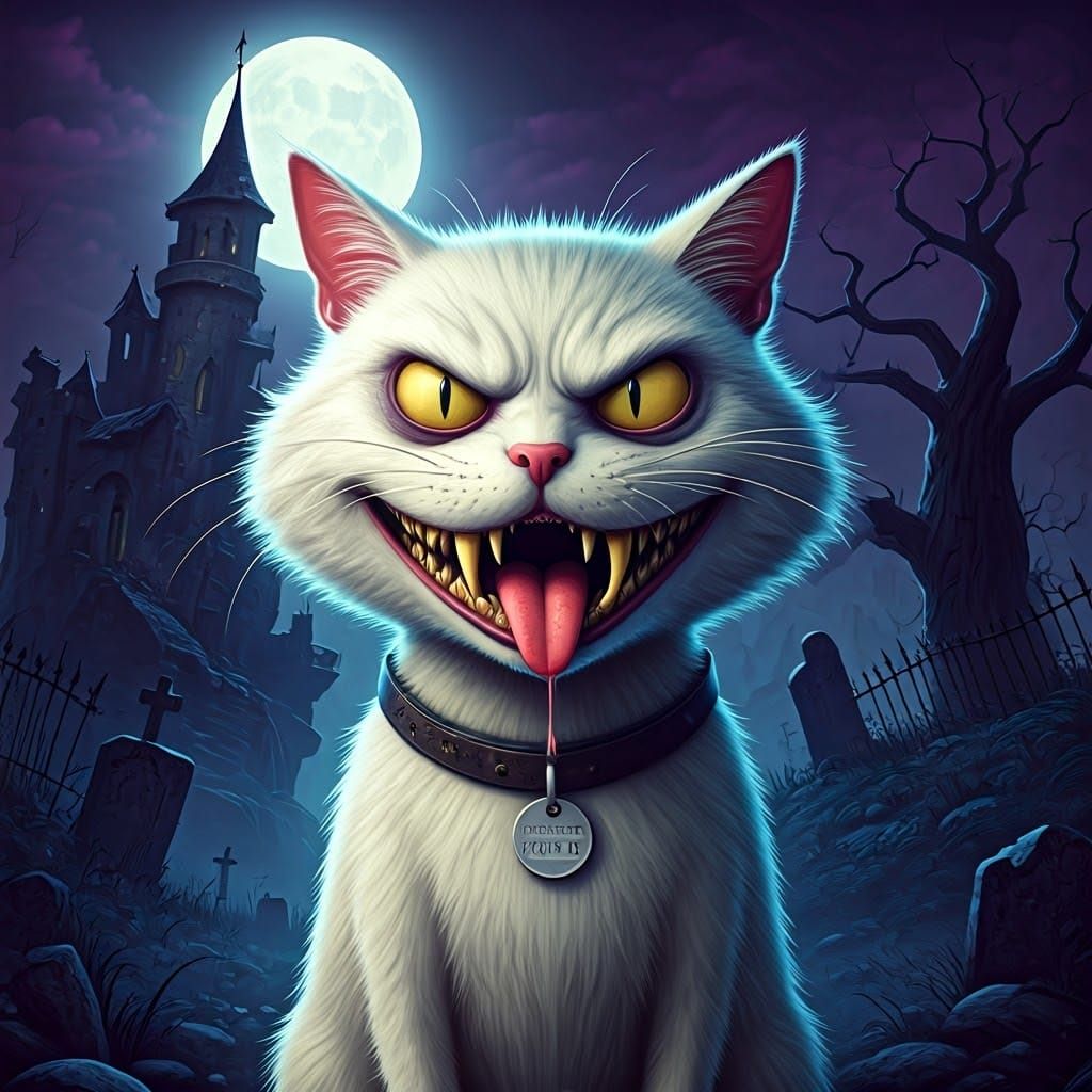 Menacing white cat with a grotesquely contorted face, snarling ...