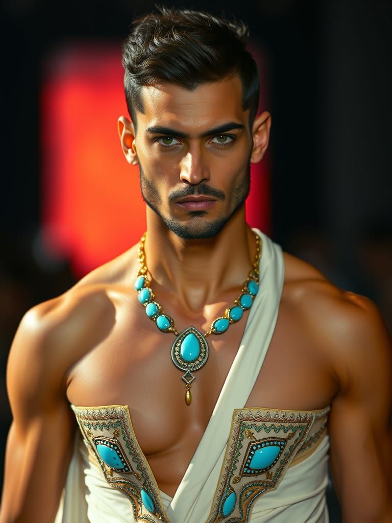 Minimalistic Egyptian-inspired off-white suit with turquoise and gold