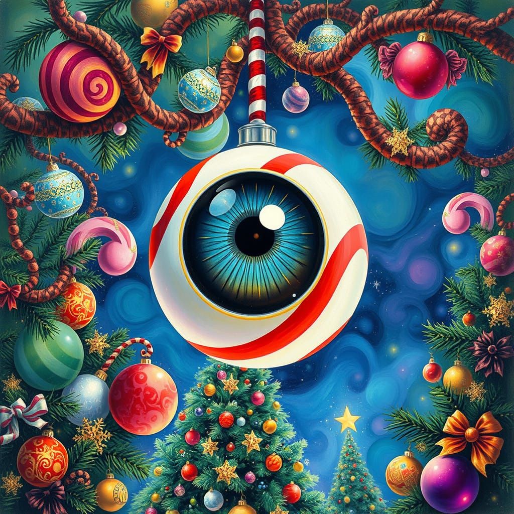 A giant candy cane eyeball hanging in the middle of a Christmas tree ...