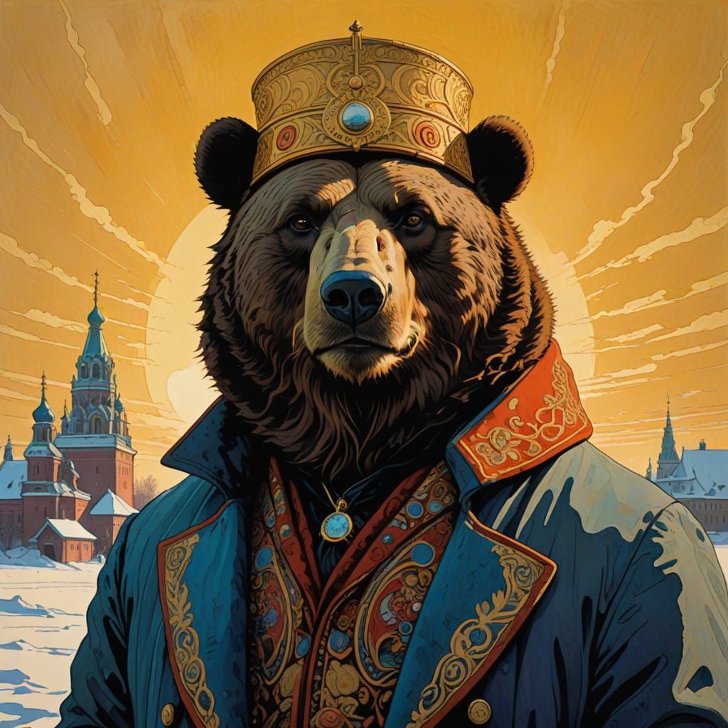 Regal Russian Bear in Moebius Style Portrait - AI Art