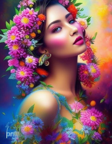 Beautiful strange looking woman covered in flowers, detailed face ...