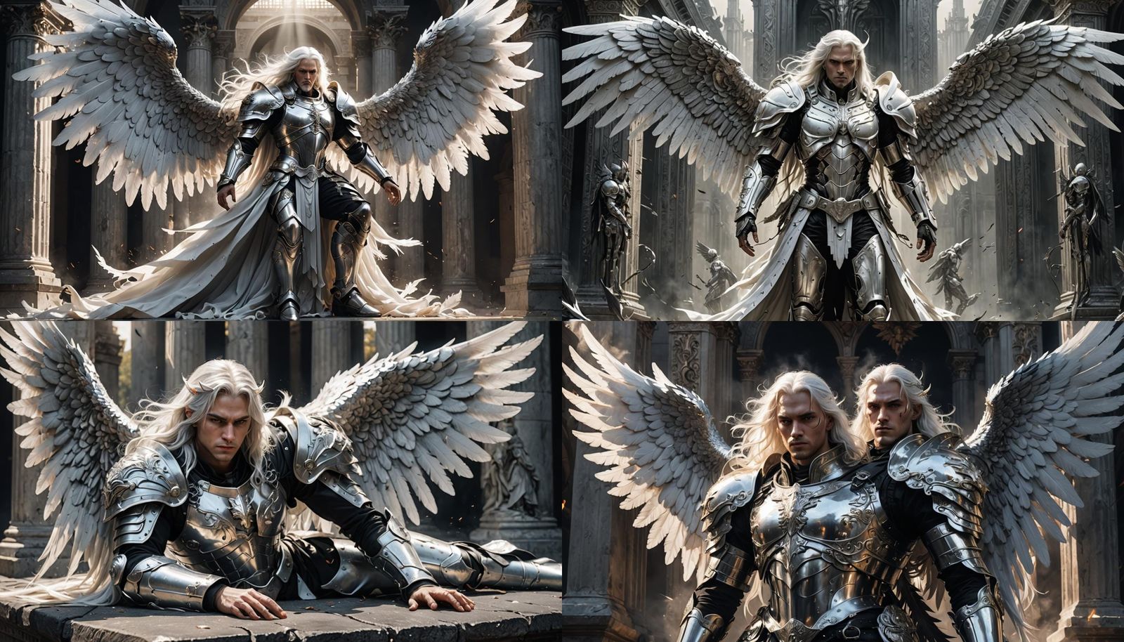 Fallen Angel with Black Wings and Silver Armor - AI Art