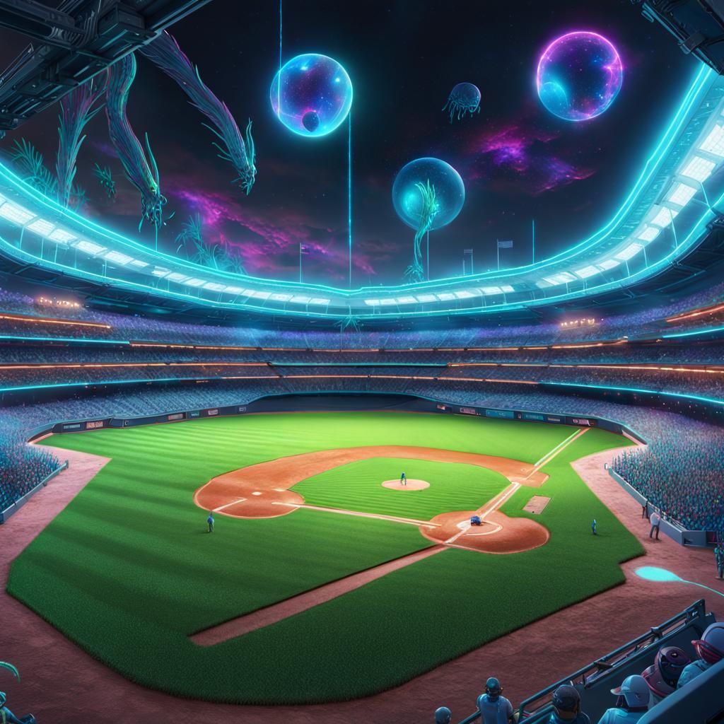 Cosmic alien baseball final game, catcher's_perspective bioluminescent ...