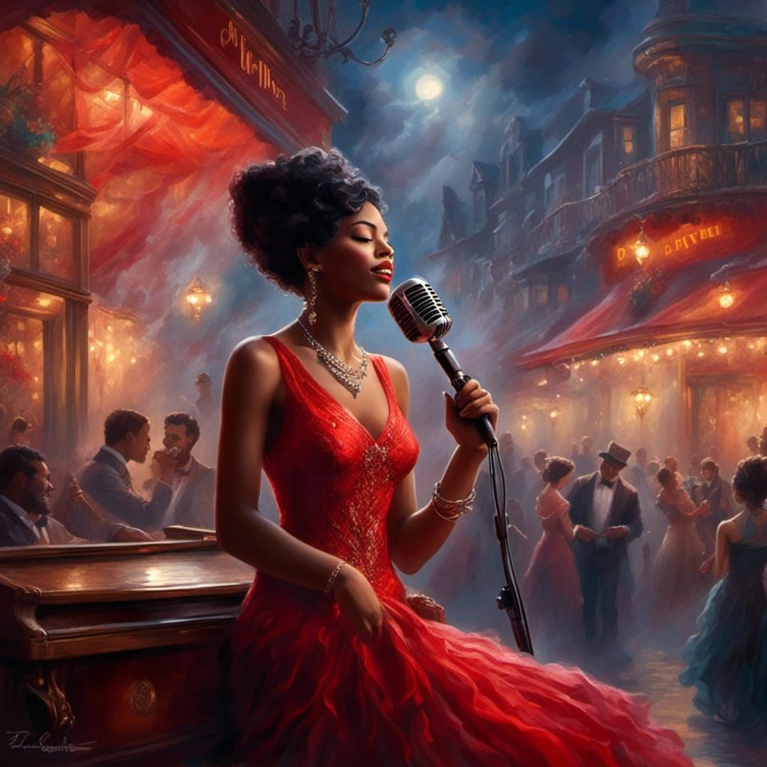 A beautiful Jazz singer in a tight red dress behind the microphone in a ...