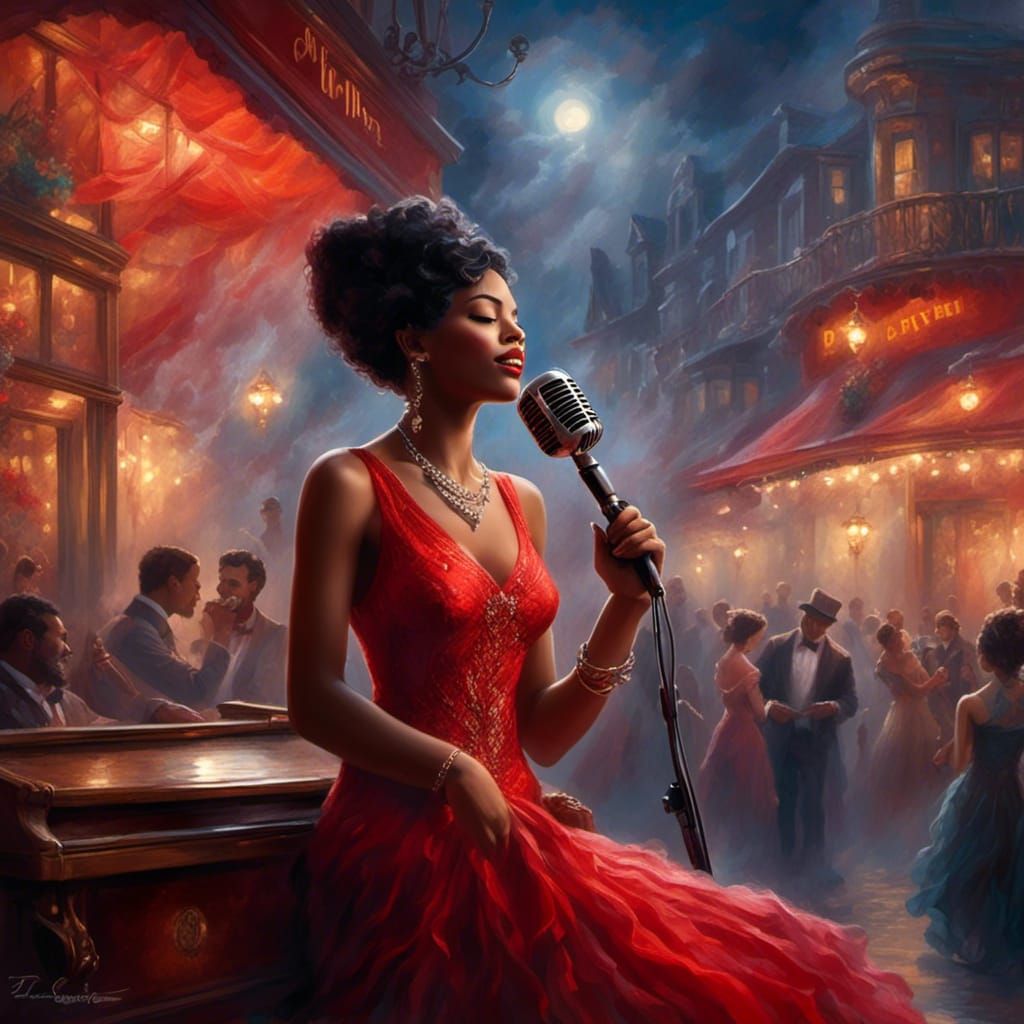 A beautiful Jazz singer in a tight red dress behind the microphone in a ...