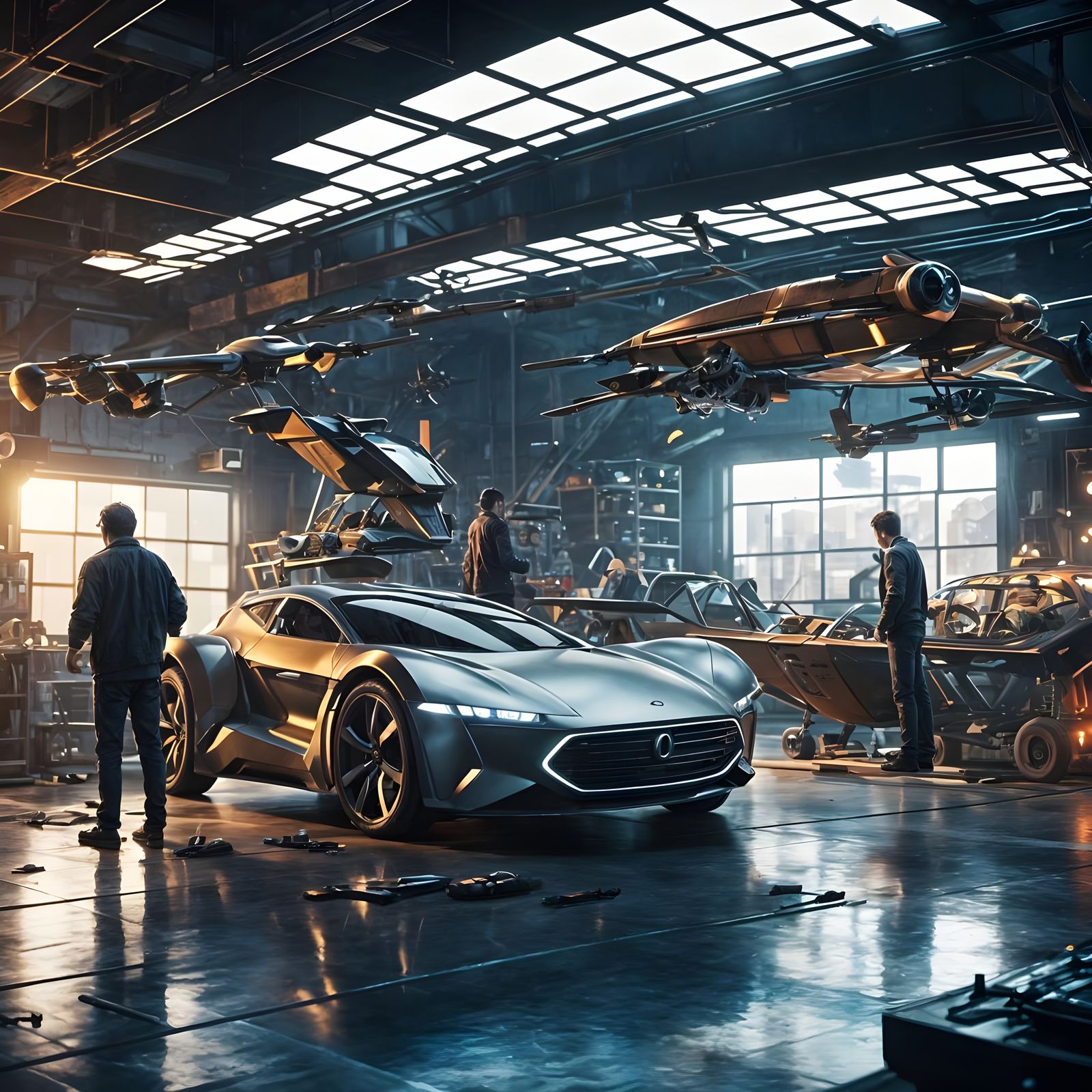 Inventors working on flying cars - Inventors in 3D Rendered...