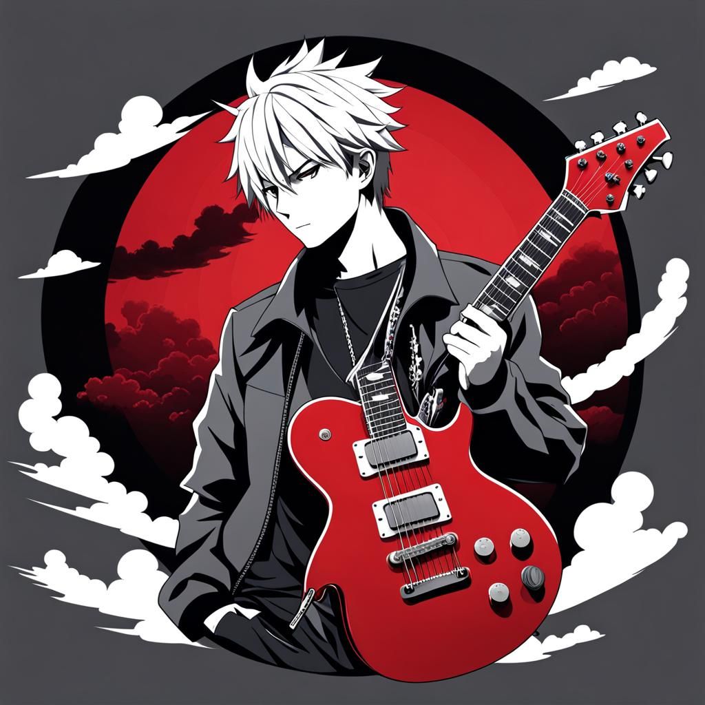 rock album cover, skinny white guy rapper, holding red guitaer, dark ...