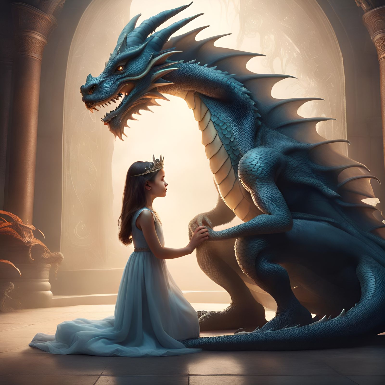 A beautiful young princess kneeling in front of a mystical dragon ...