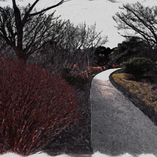 Looking down a dark gray path with side brown bushes and red trees with ...