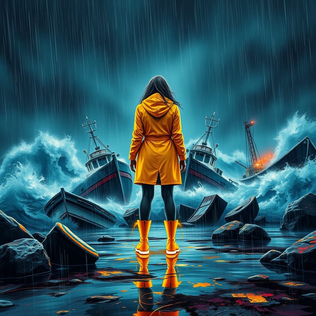 (A tempestuous scene unfolds at a storm-lashed harbor, where nature’s ...