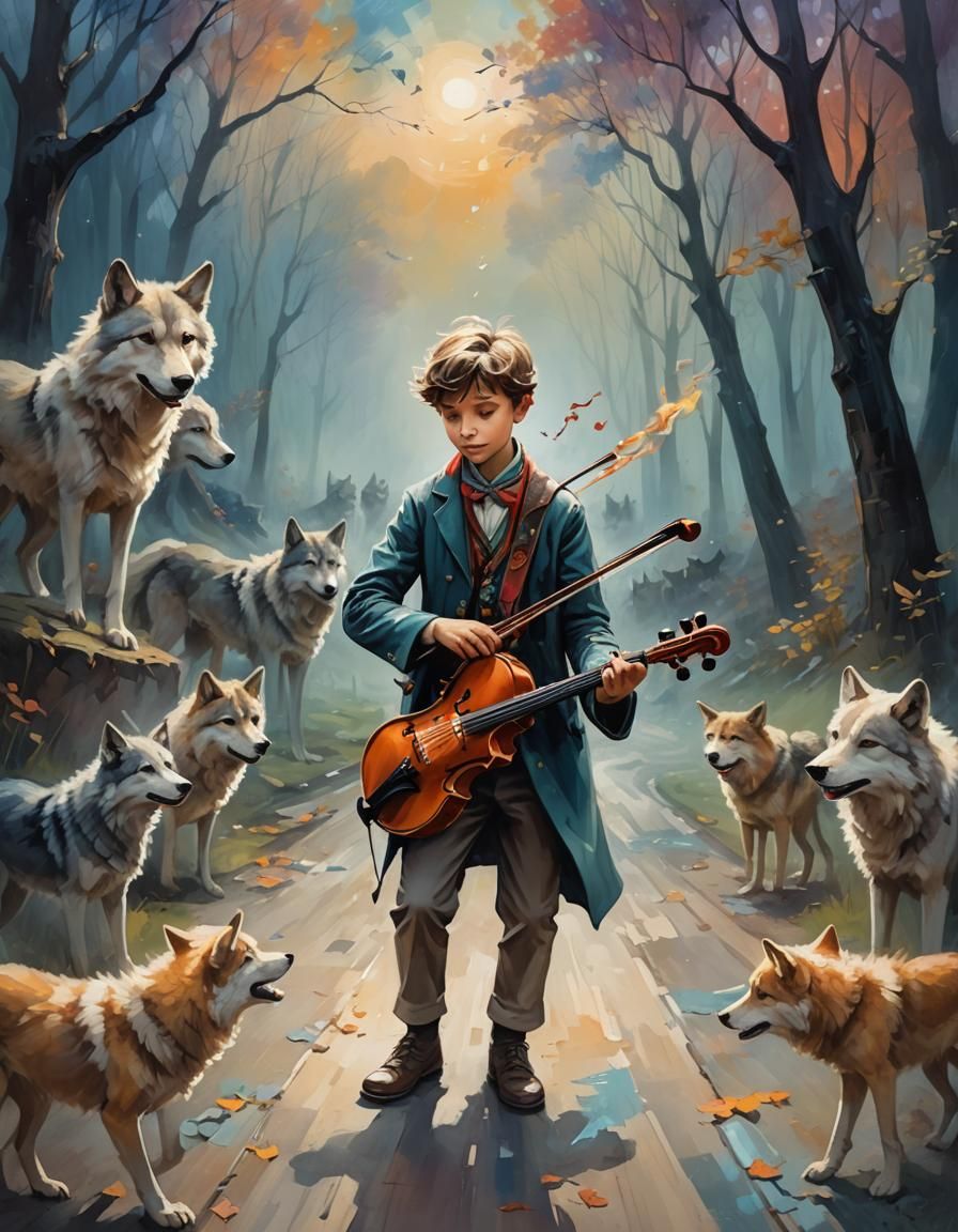 fiddler boy and wolves - AI Generated Artwork - NightCafe Creator
